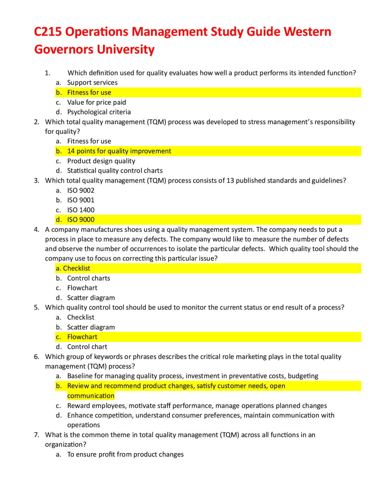C215 Operations Management Study Guide Western Governors University ...