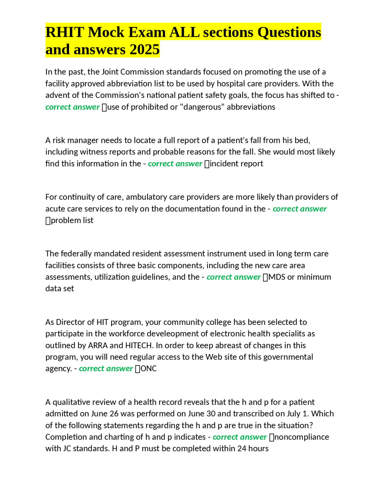 RHIT Mock Exam ALL sections Questions and answers 2025 | Exams Medicine ...