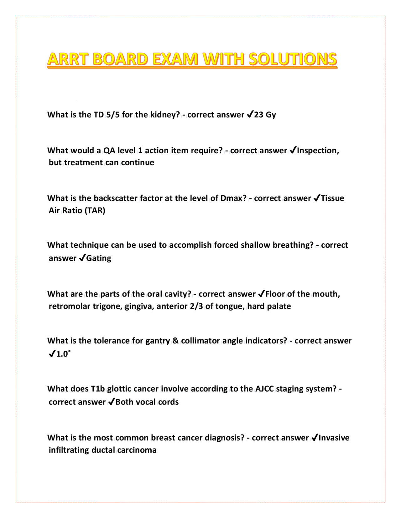 ARRT BOARD EXAM WITH SOLUTIONS | Exams Nursing | Docsity