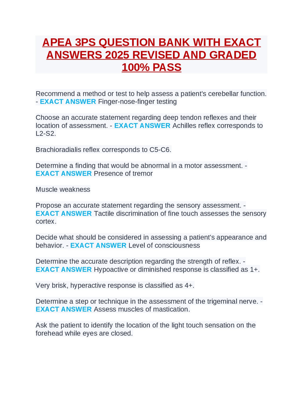 APEA 3PS QUESTION BANK WITH EXACT ANSWERS 2025 REVISED AND GRADED 100% PASS | Exams Nursing ...