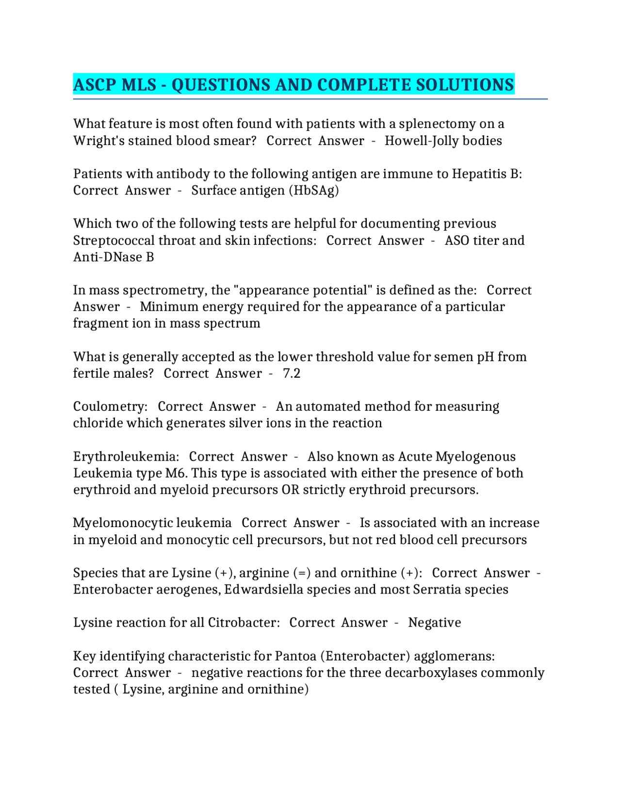 ASCP MLS - QUESTIONS AND COMPLETE SOLUTIONS | Exams Nursing | Docsity