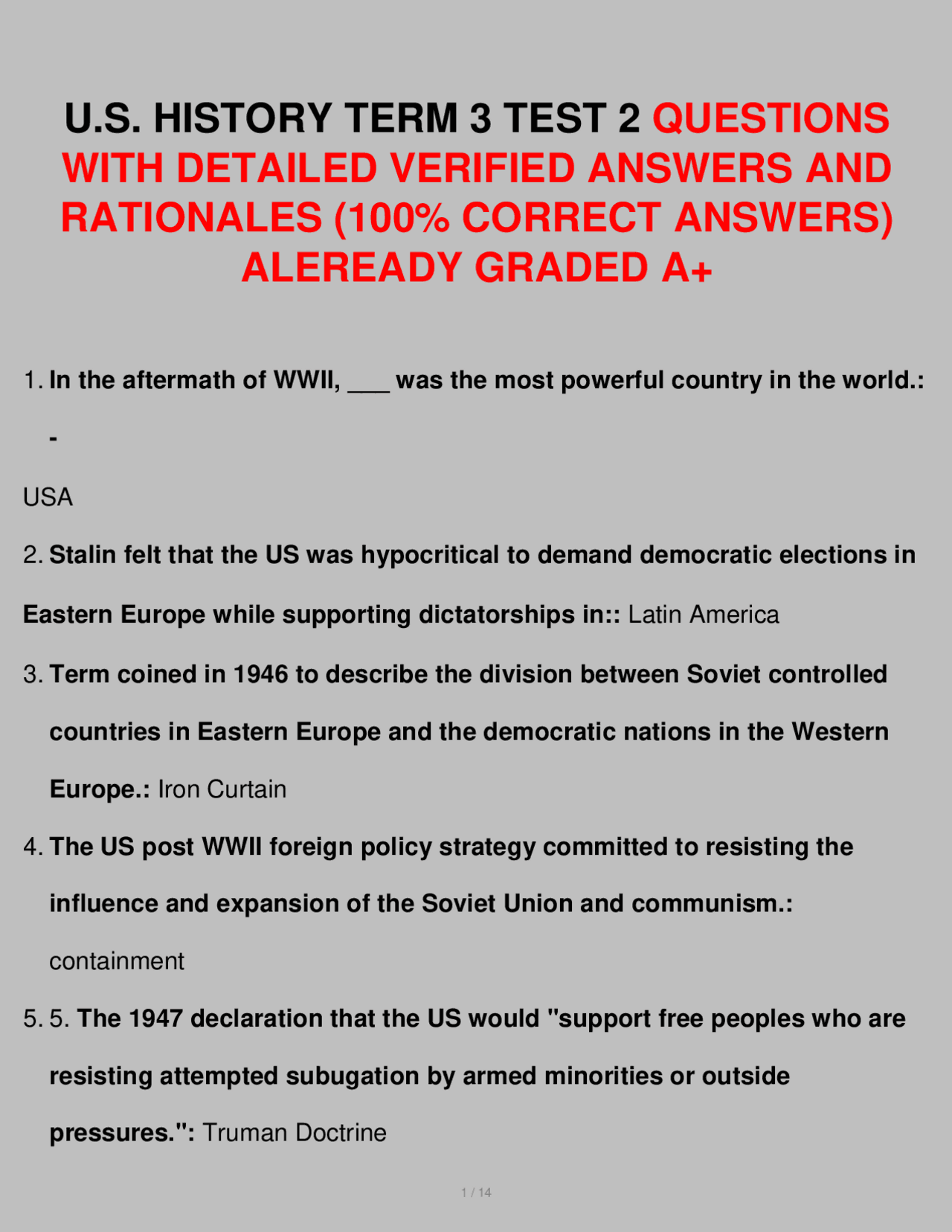 U.S. HISTORY TERM 3 TEST 2 QUESTIONS WITH DETAILED VERIFIED ANSWERS AND ...