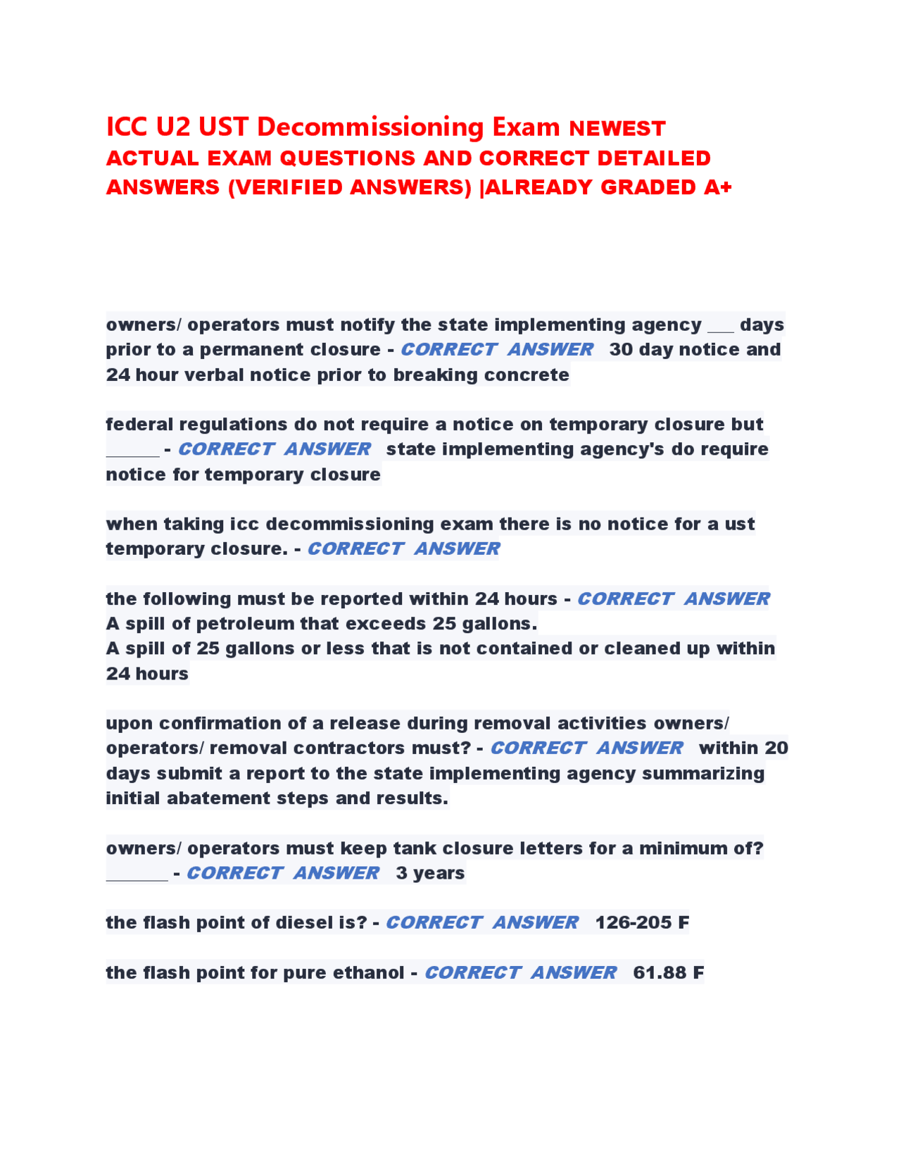 ICC U2 UST Decommissioning Exam NEWEST ACTUAL EXAM QUESTIONS AND ...