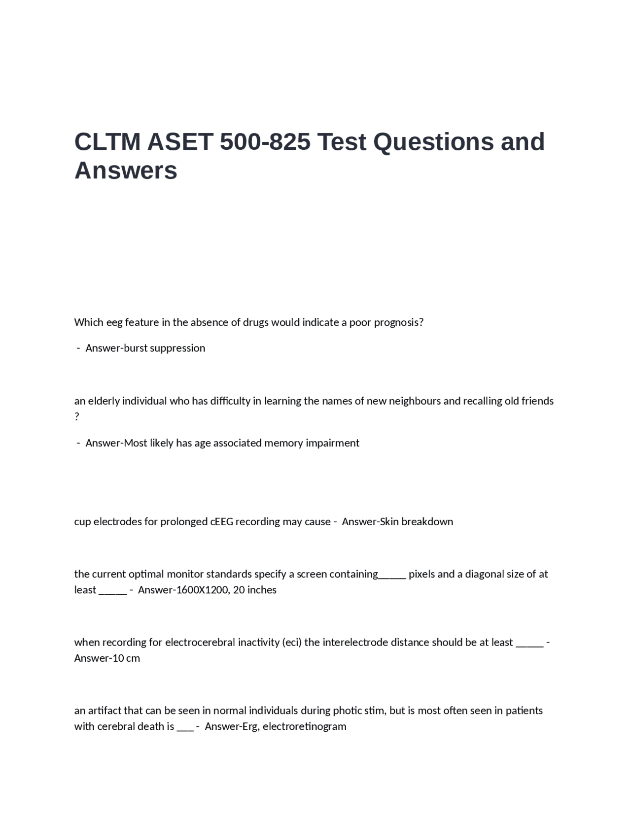 CLTM ASET 500-825 Test Questions and Answers | Exams Nursing | Docsity