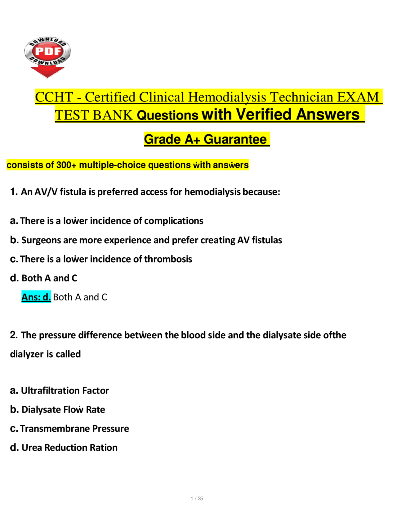 CCHT - Certified Clinical Hemodialysis Technician EXAM 2025 / 2026 TEST ...