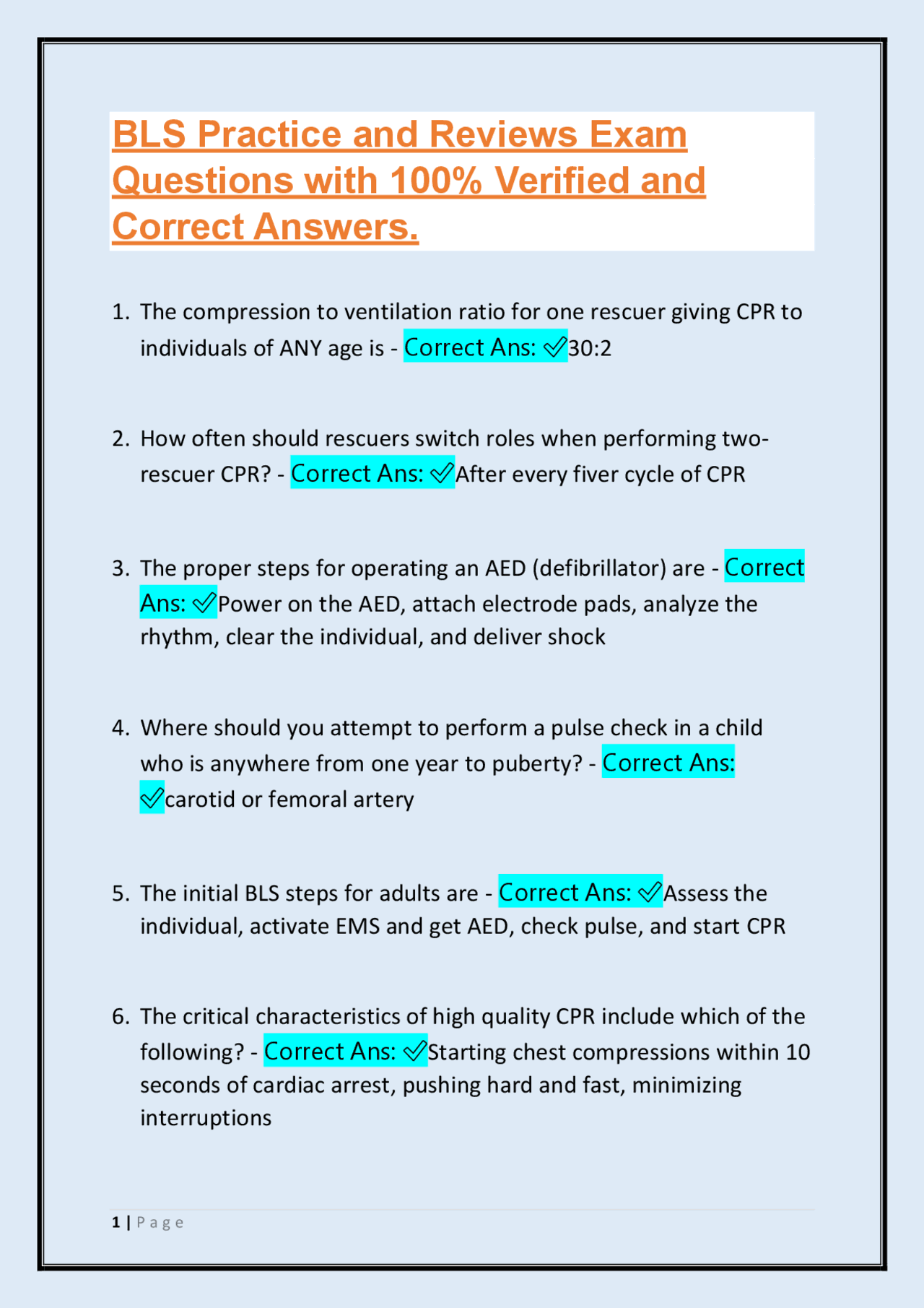 BLS Practice and Reviews Exam Questions with 100% Verified and Correct ...