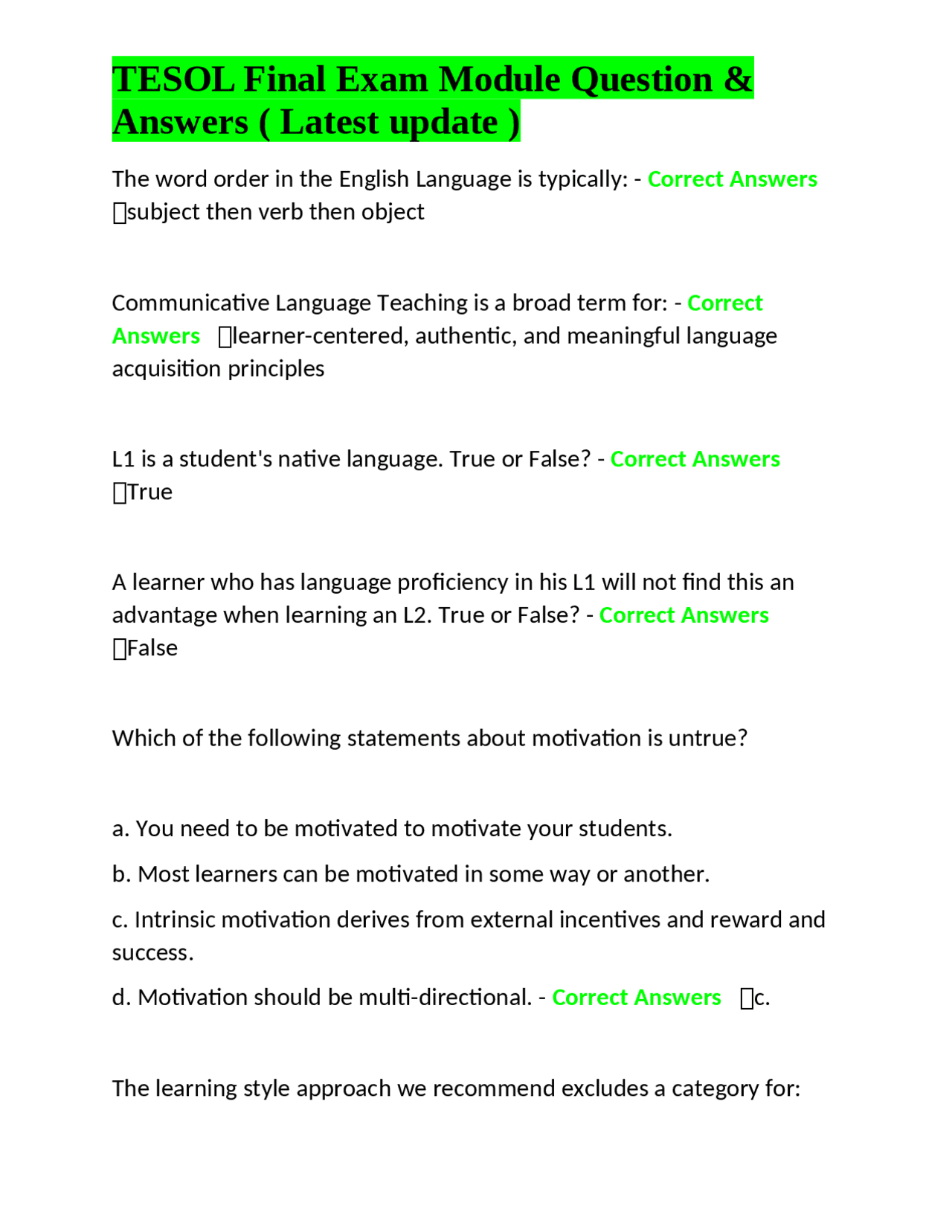 TESOL Final Exam Module Question & Answers ( Latest update ) | Exams ...
