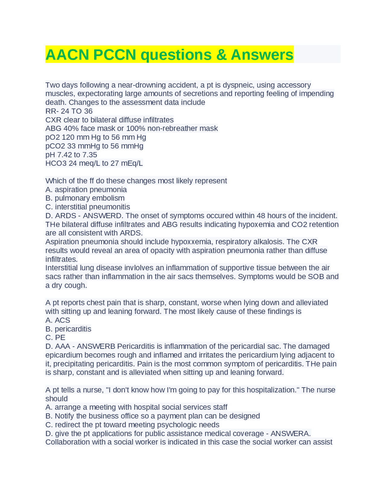 AACN PCCN questions & Answers | Exams Nursing | Docsity