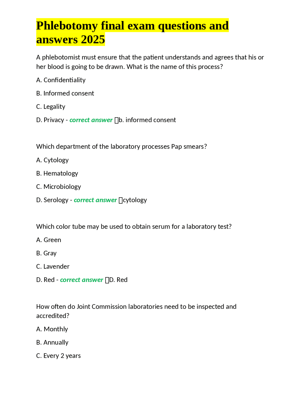Phlebotomy final exam questions and answers 2025 | Exams Medicine | Docsity
