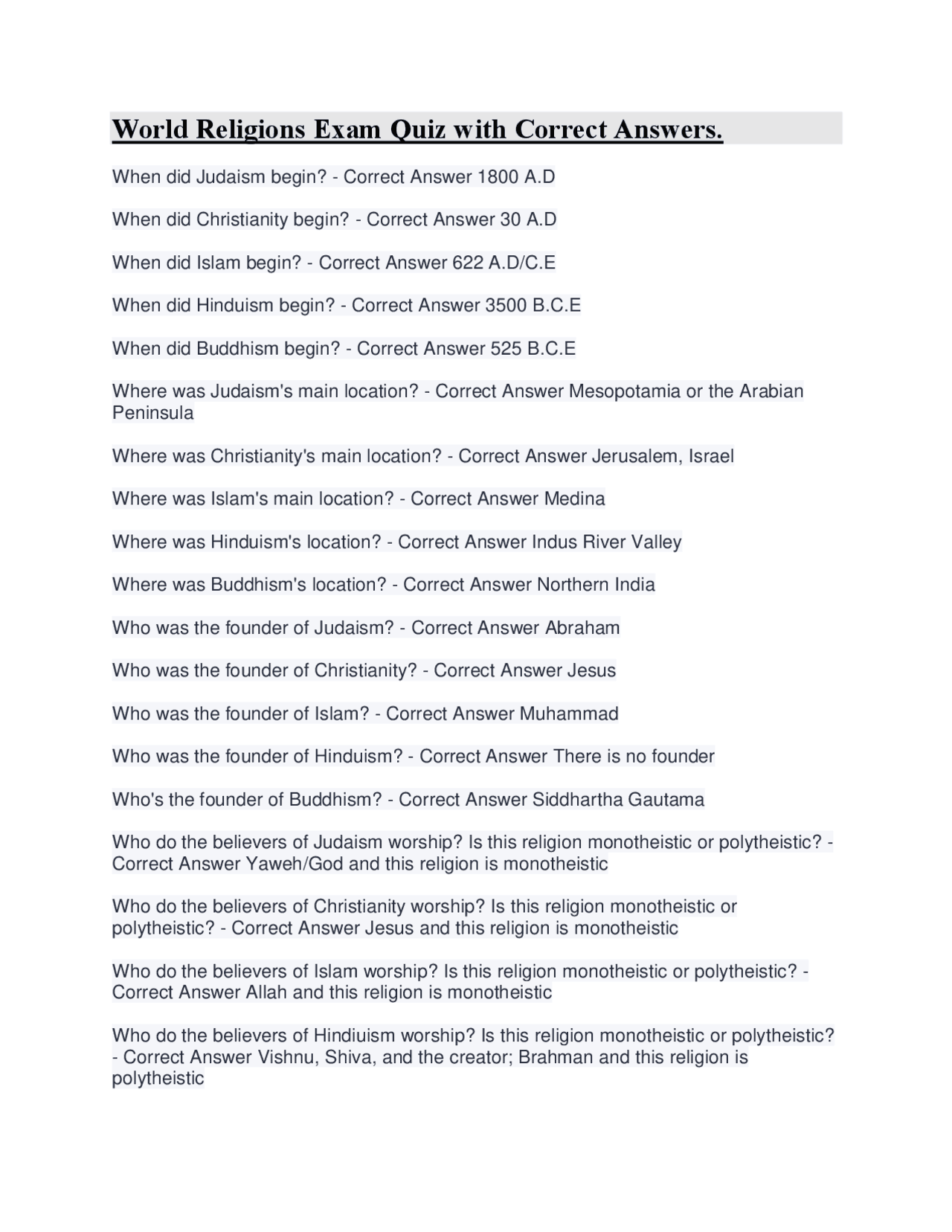 World Religions Exam Quiz with Correct Answers. | Exams World Religions ...