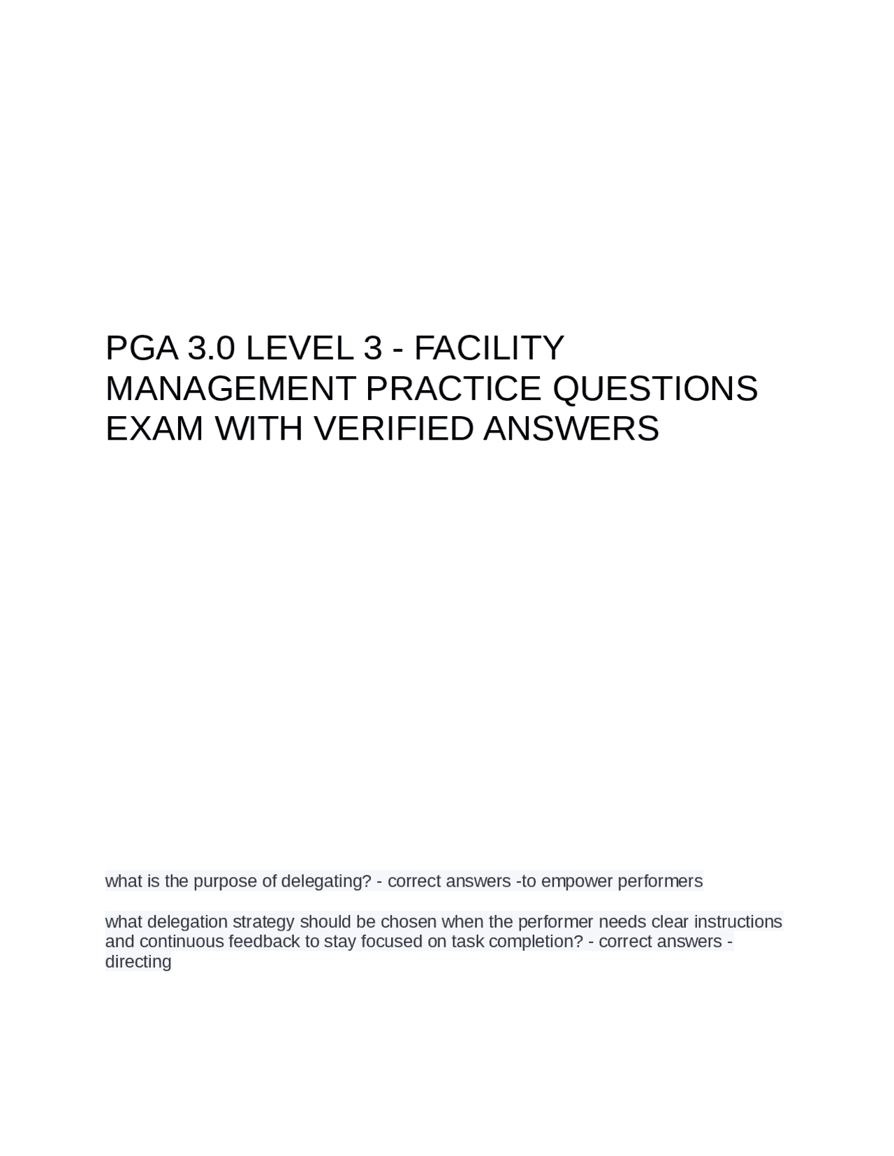 PGA 3.0 Level 3 - Facility Management Practice Questions exam with verified answers.docx | Exams ...