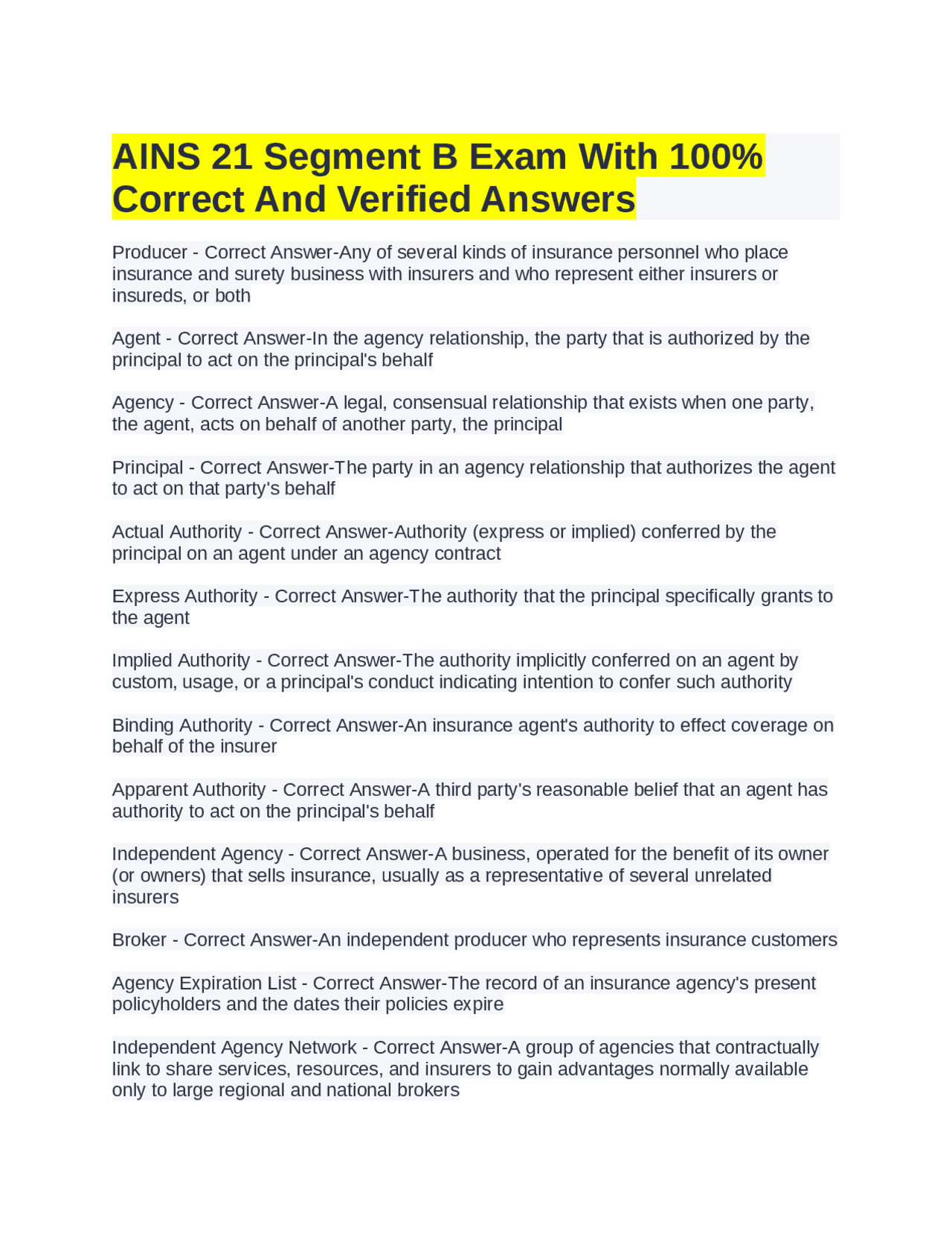 AINS 21 Segment B Exam With 100% Correct And Verified Answers | Exams Advanced Education | Docsity