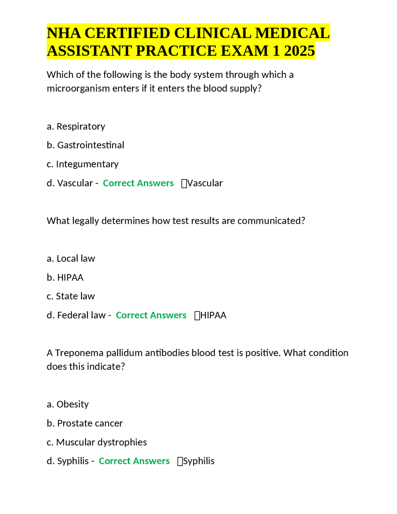 NHA CERTIFIED CLINICAL MEDICAL ASSISTANT PRACTICE EXAM 1 2025 | Exams ...