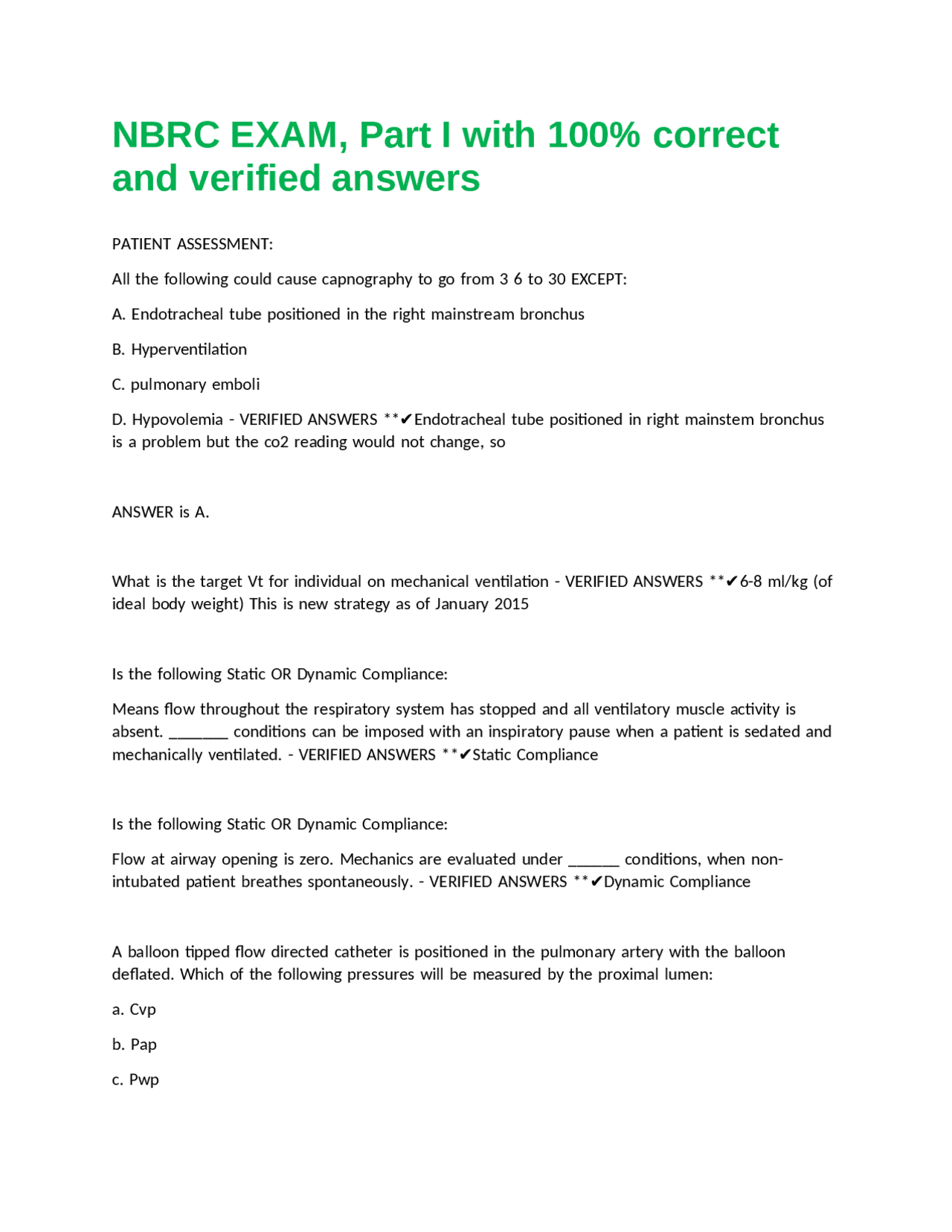 NBRC EXAM, Part I with 100% correct and verified answers | Exams ...