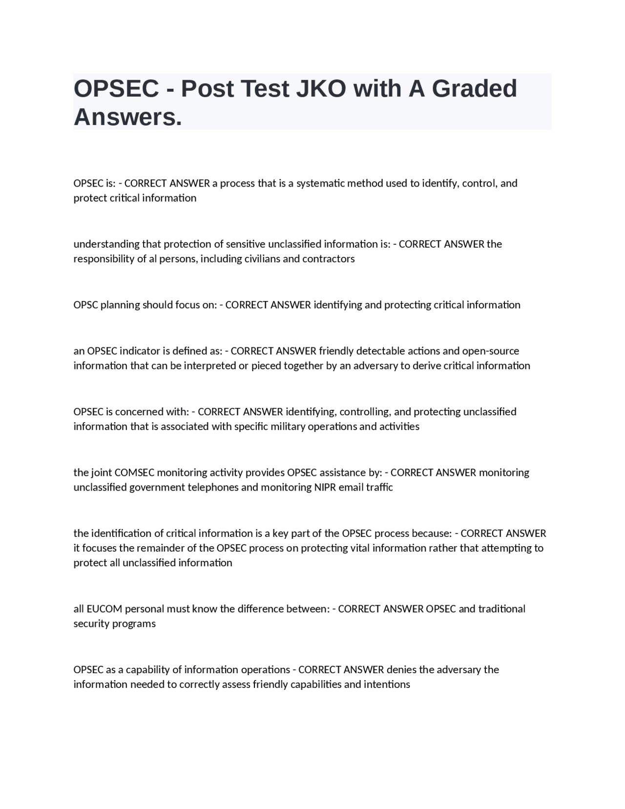 OPSEC REVIEW EXAM TEST. | Exams Nursing | Docsity