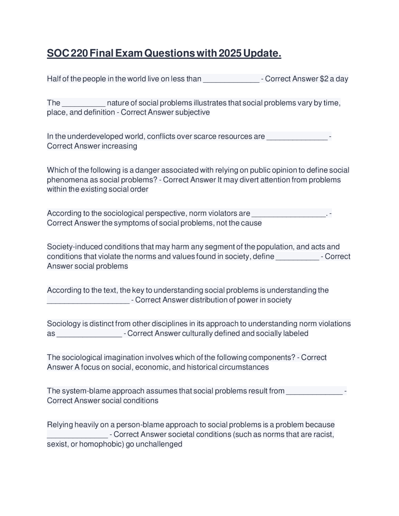 SOC 220 Final Exam Questions with 2025 Update. | Exams Sociology | Docsity