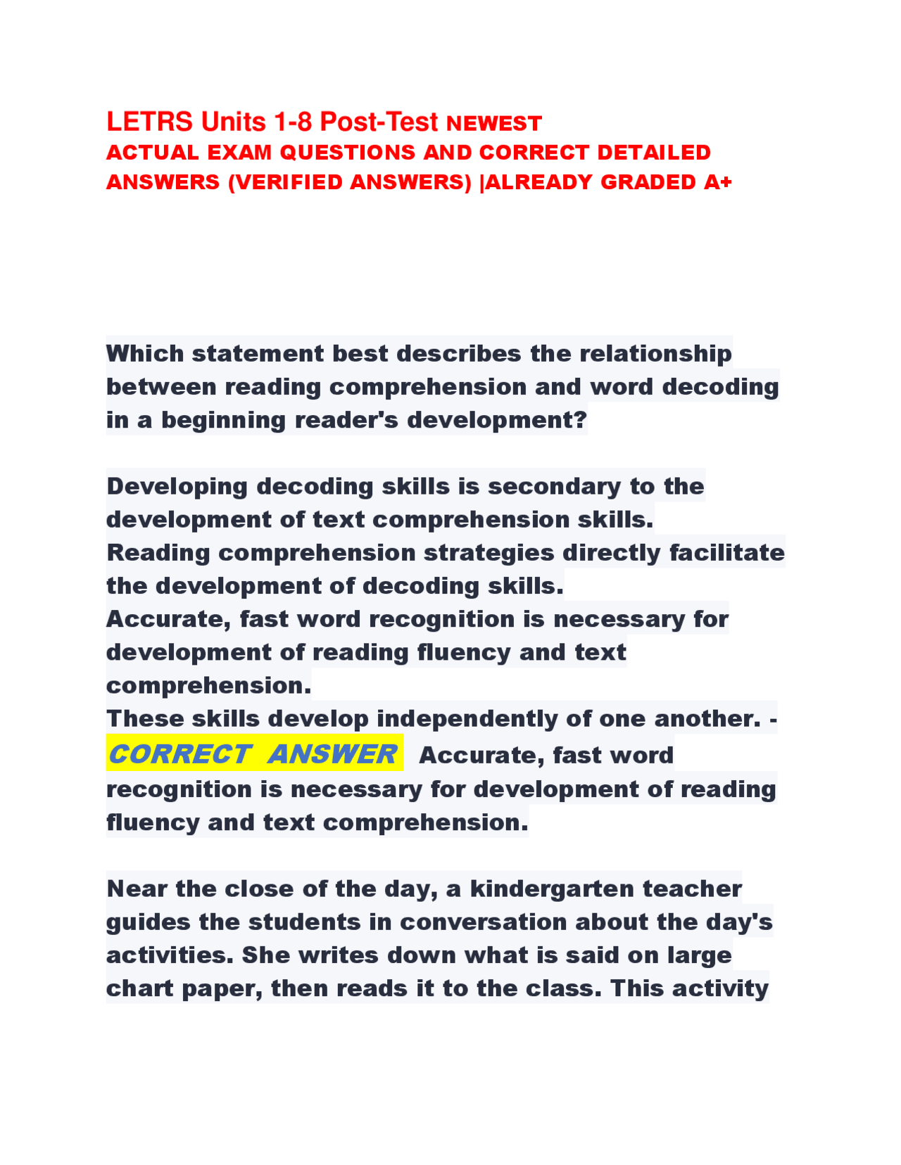 LETRS Units 1-8 Post-Test NEWEST ACTUAL EXAM QUESTIONS AND CORRECT ...