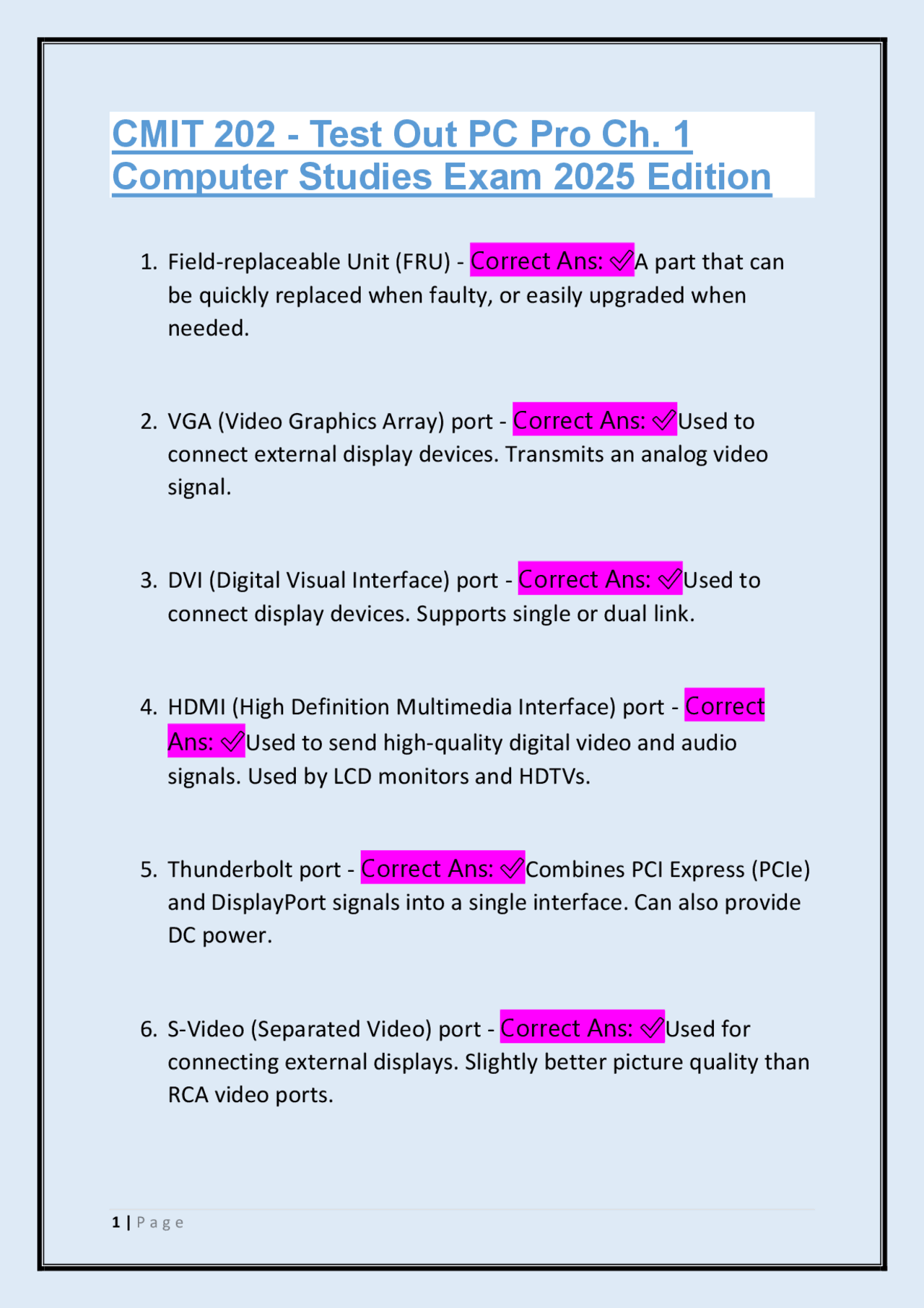 CMIT 202 - Test Out PC Pro Ch. 1 Computer Studies Exam 2025 Edition ...