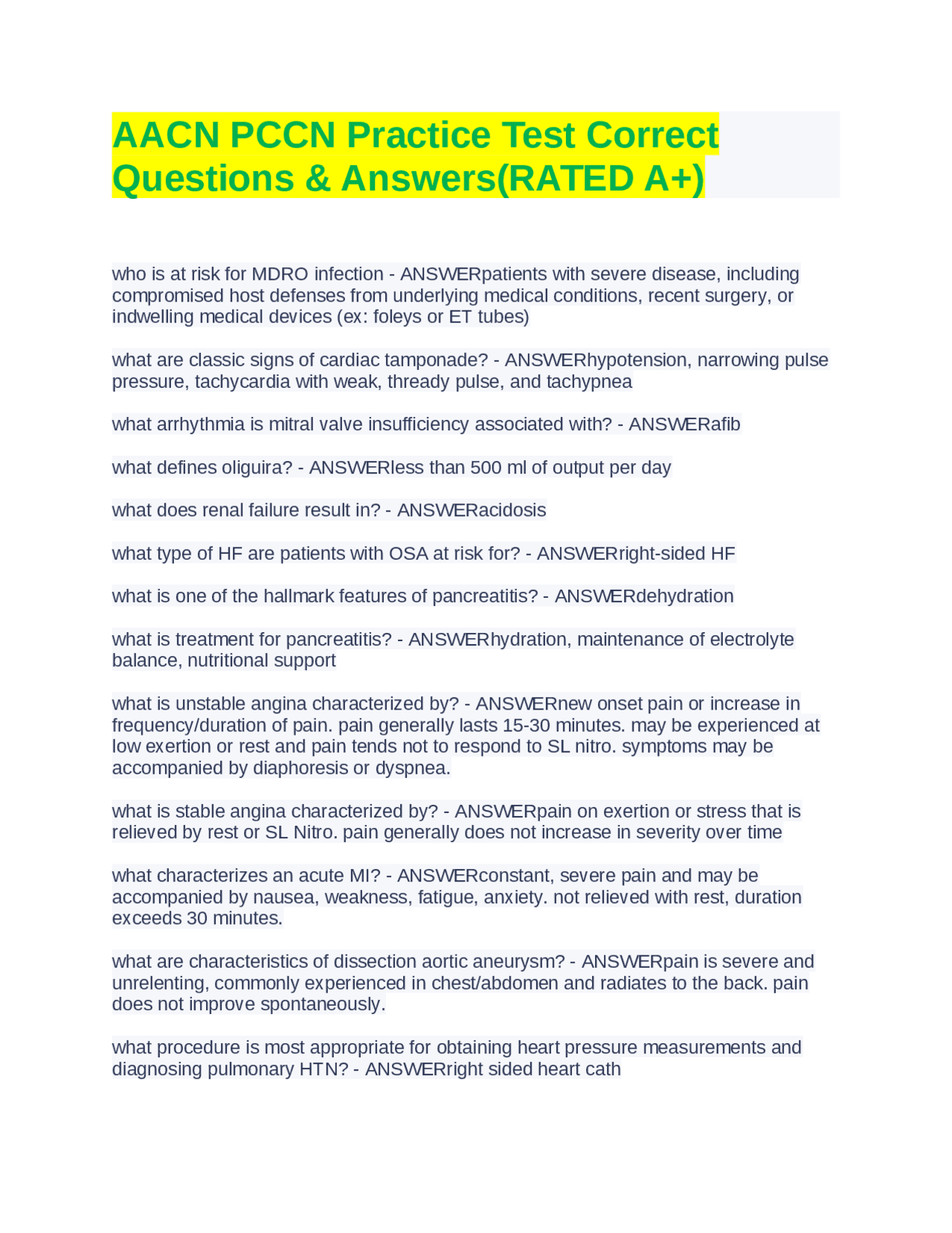 AACN PCCN Practice Test Correct Questions & Answers(RATED A+) | Exams ...