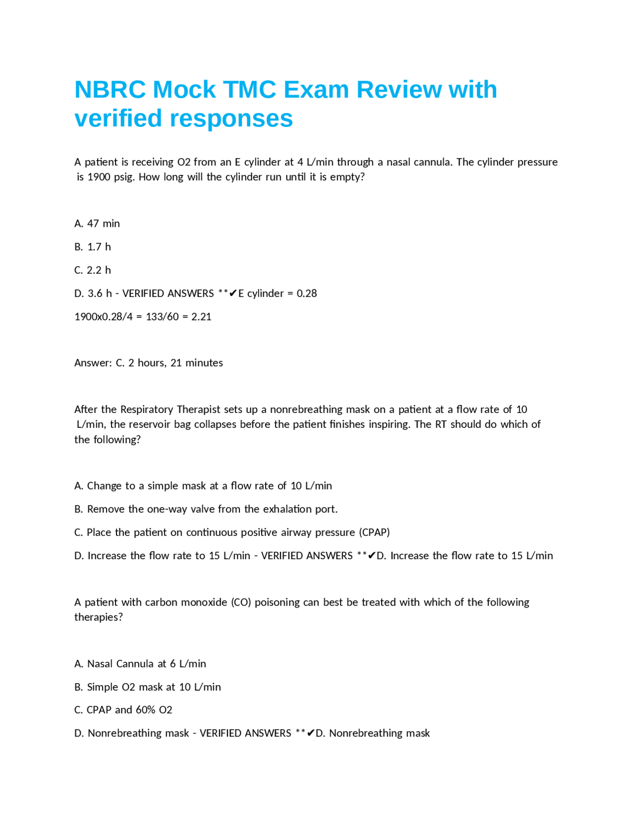EXIT EXAM, NBRC RRT EXAM WITH VERIFIED RESPONSES | Exams Nursing | Docsity