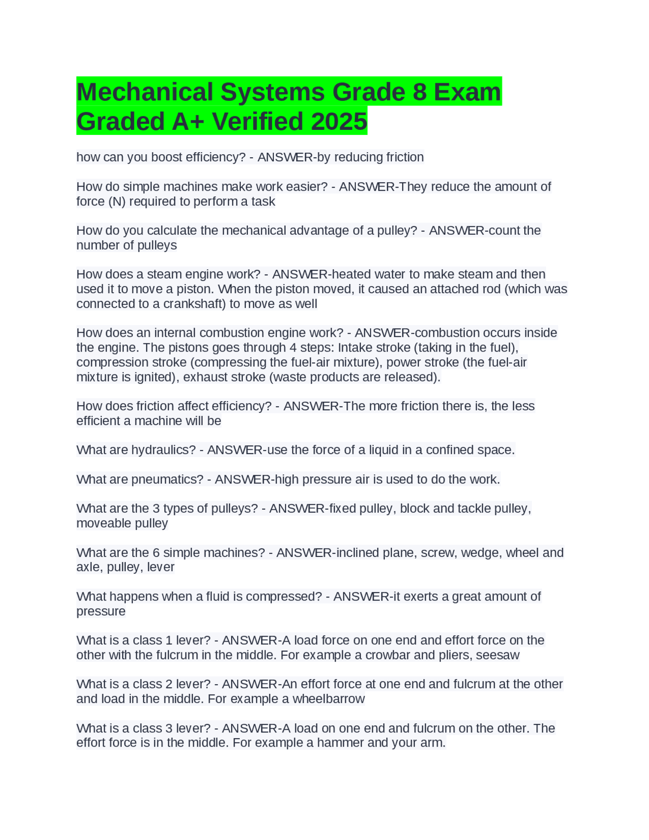 Mechanical Systems Grade 8 Exam Graded A+ Verified | Exams Engineering ...