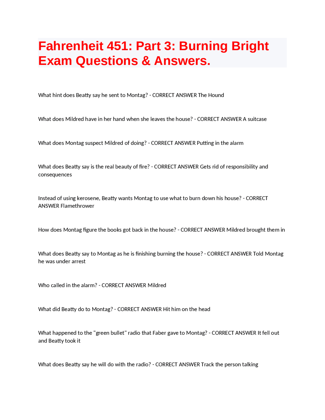Fahrenheit 451 Study Guide Test & Answers. | Exams Nursing | Docsity
