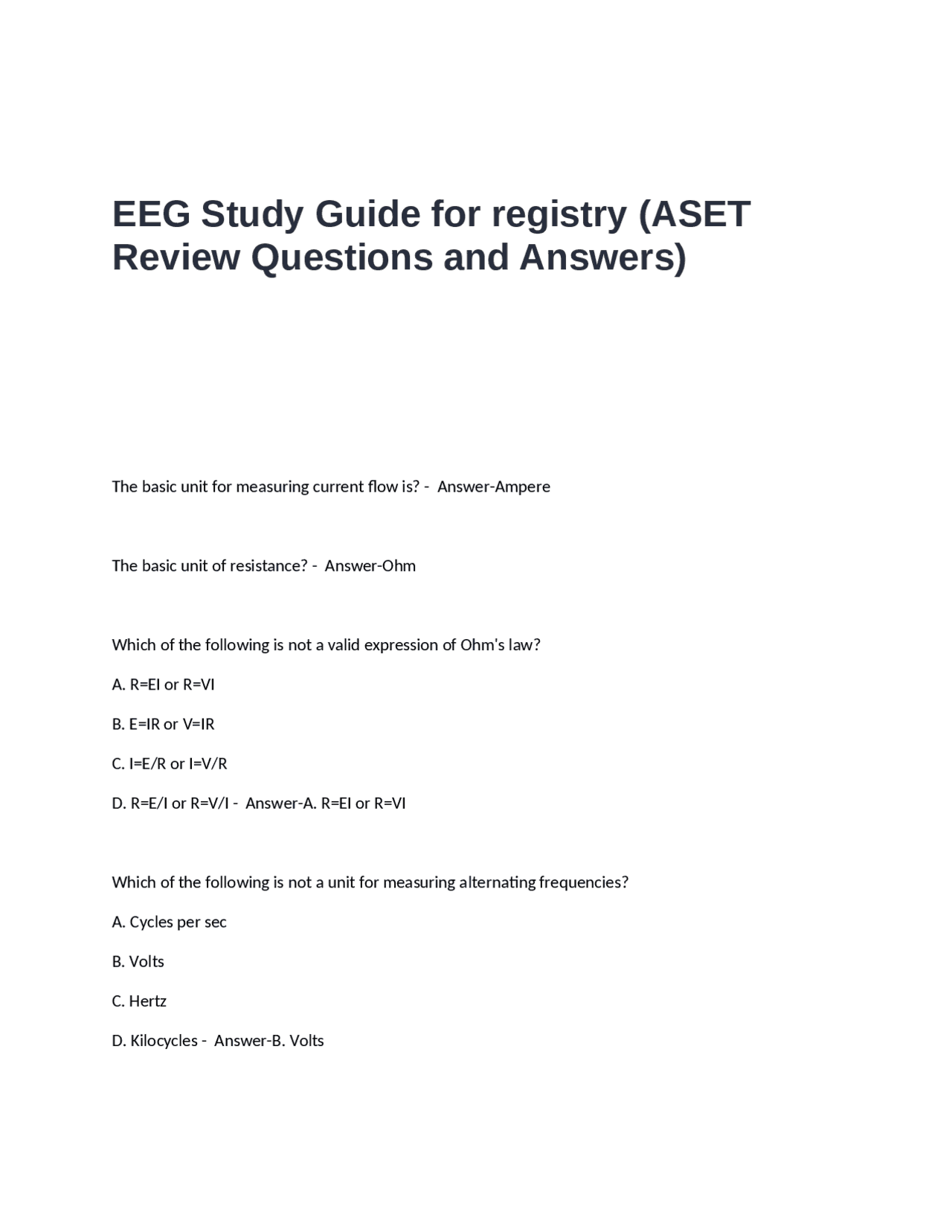 EEG Study Guide for registry (ASET Review Questions and Answers ...