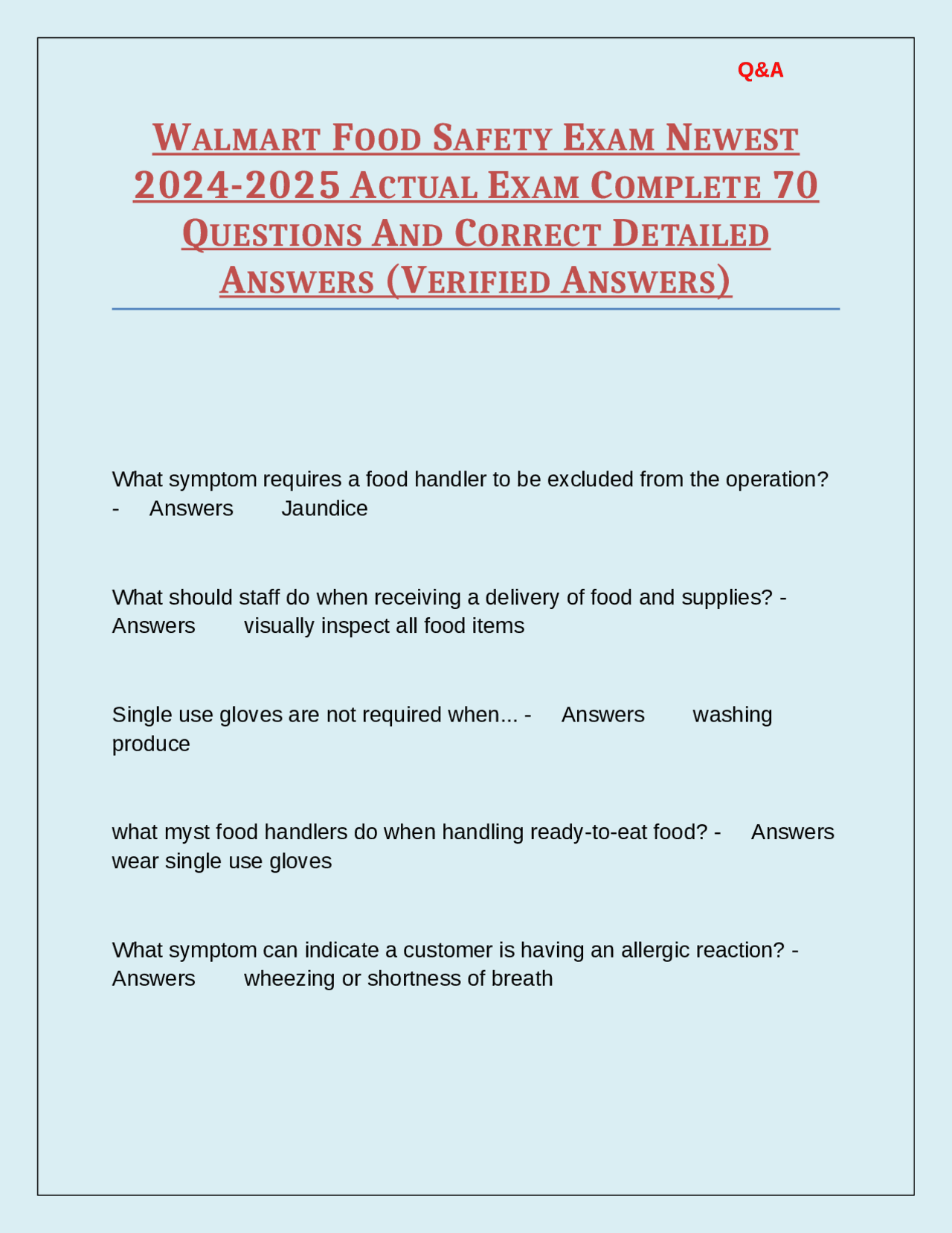 WALMART FOOD SAFETY EXAM NEWEST 2024-2025 ACTUAL EXAM COMPLETE 70 ...
