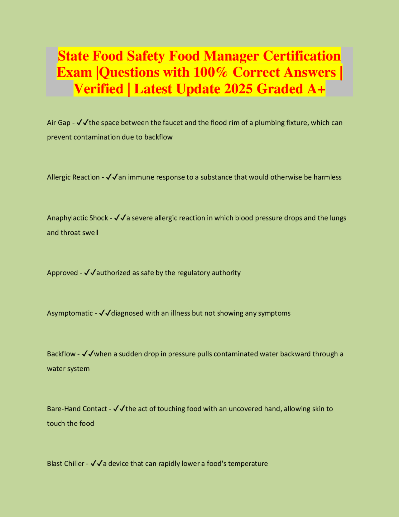 State Food Safety Food Manager Certification Exam |Questions with 100% ...