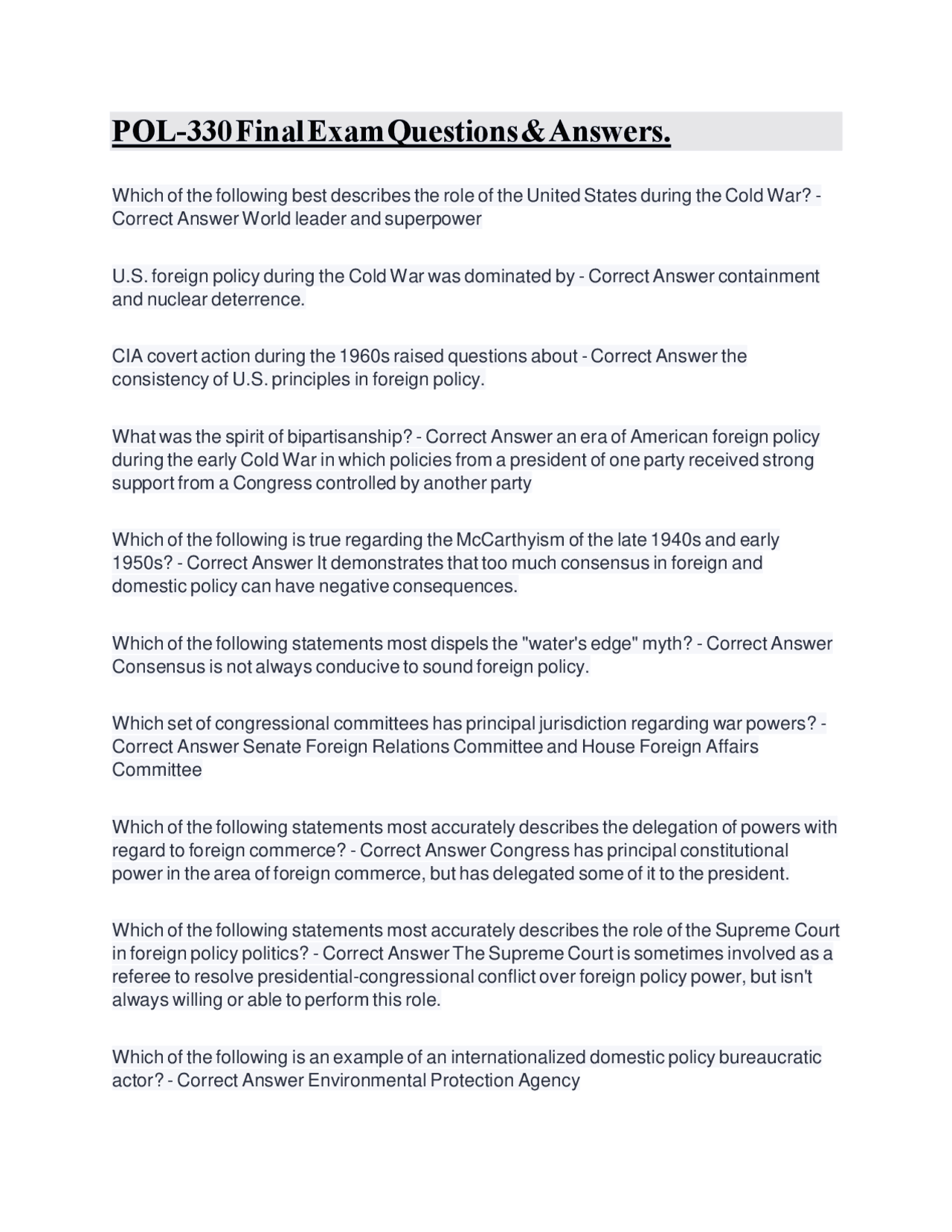 POL-330 Final Exam Questions & Answers. | Exams Economic policy | Docsity