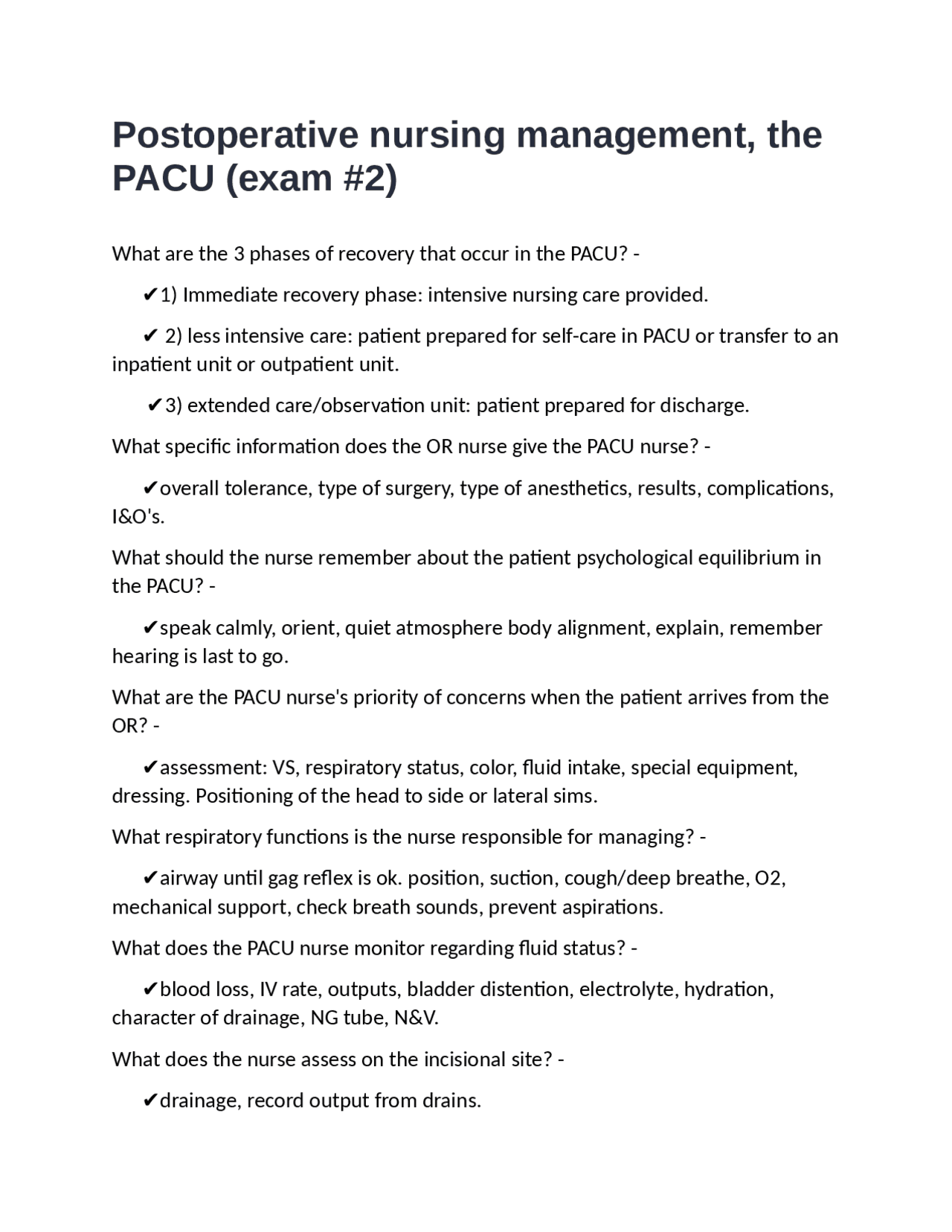 Postoperative nursing management, the PACU (exam #2) | Exams Nursing ...