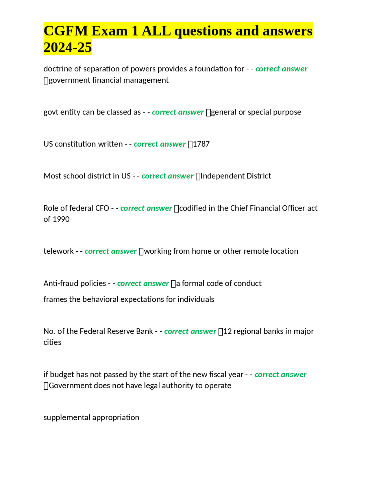CGFM Exam 1: Questions and Answers for 2024-25 | Exams Finance | Docsity