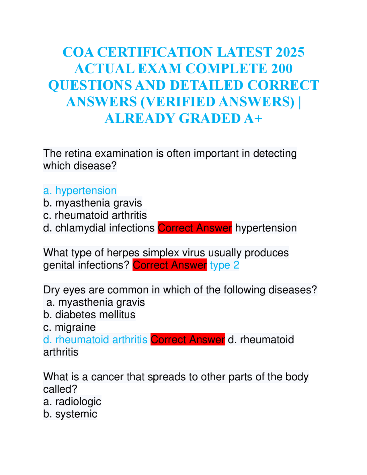 COA CERTIFICATION LATEST 2025 ACTUAL EXAM COMPLETE 200 QUESTIONS AND ...