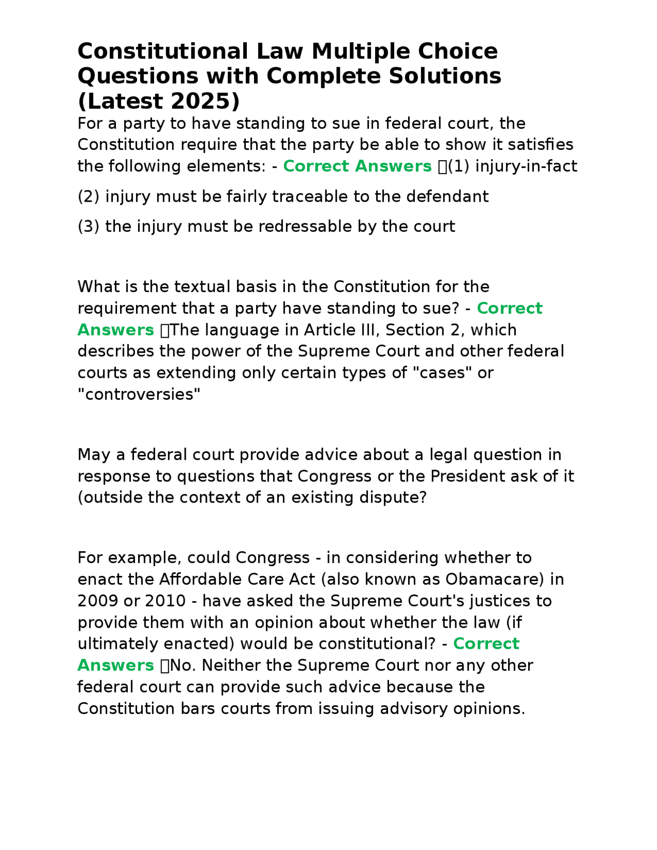 Constitutional Law Multiple Choice Questions with Complete Solutions ...