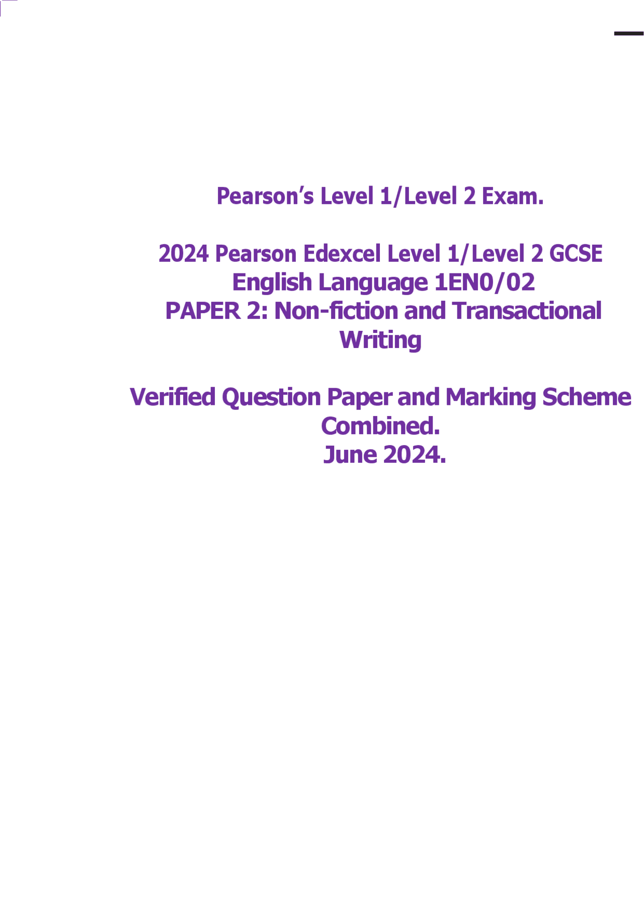 2024 Pearson Edexcel Level 1/Level 2 GCSE English Language 1EN0/02 ...