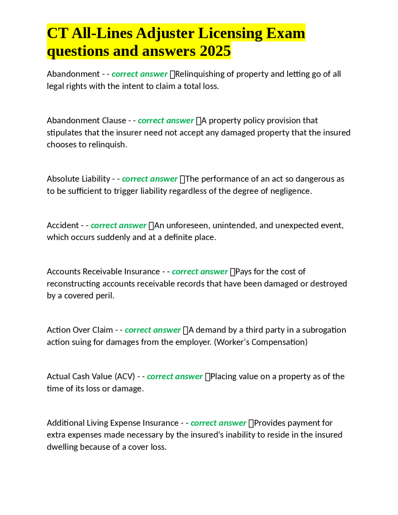 CT All-Lines Adjuster Licensing Exam: Glossary of Key Terms | Exams ...