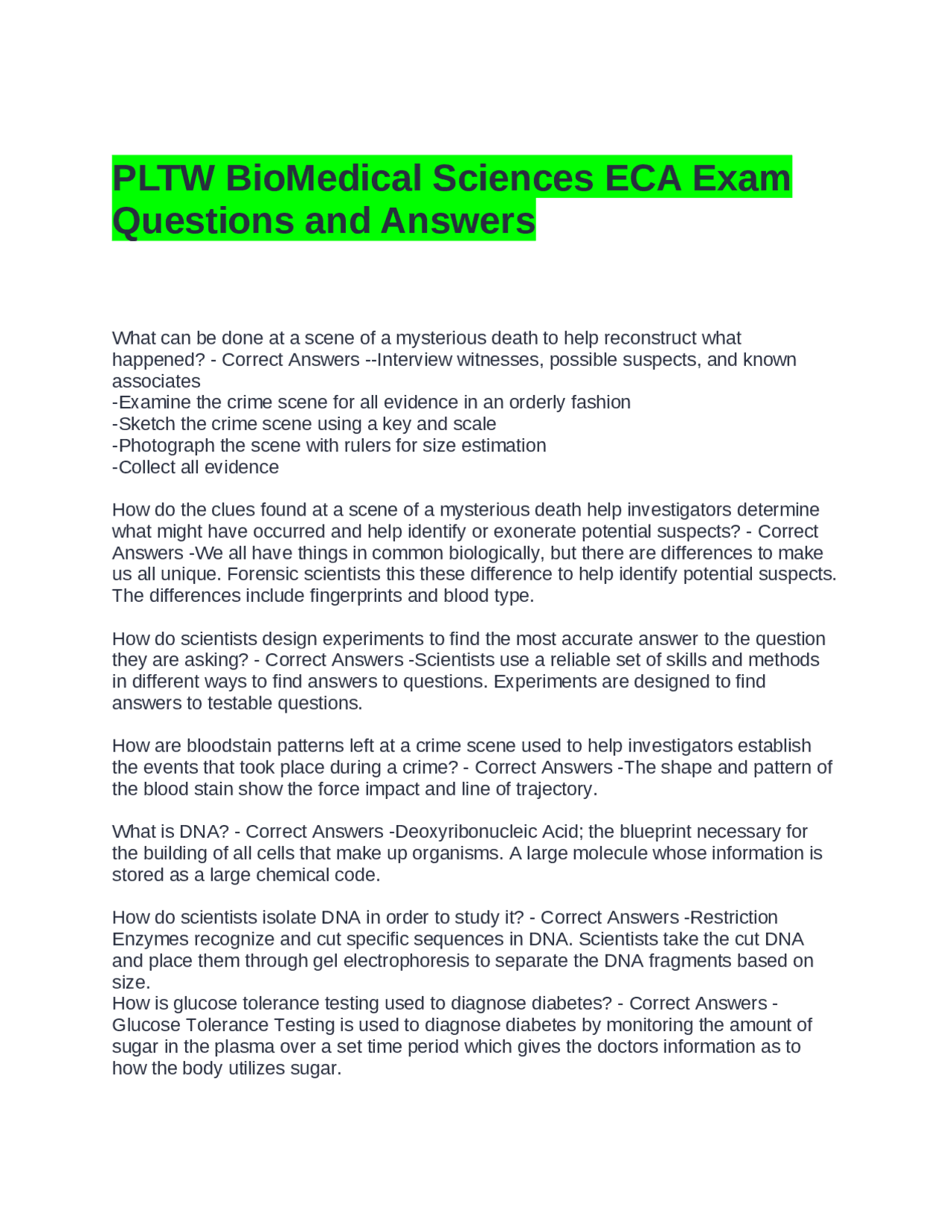 PLTW BioMedical Sciences ECA Exam Questions and Answers | Exams Nursing ...
