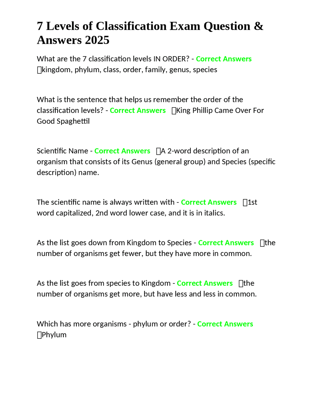 7 Levels of Classification Exam Questions and Answers | Exams Nursing ...