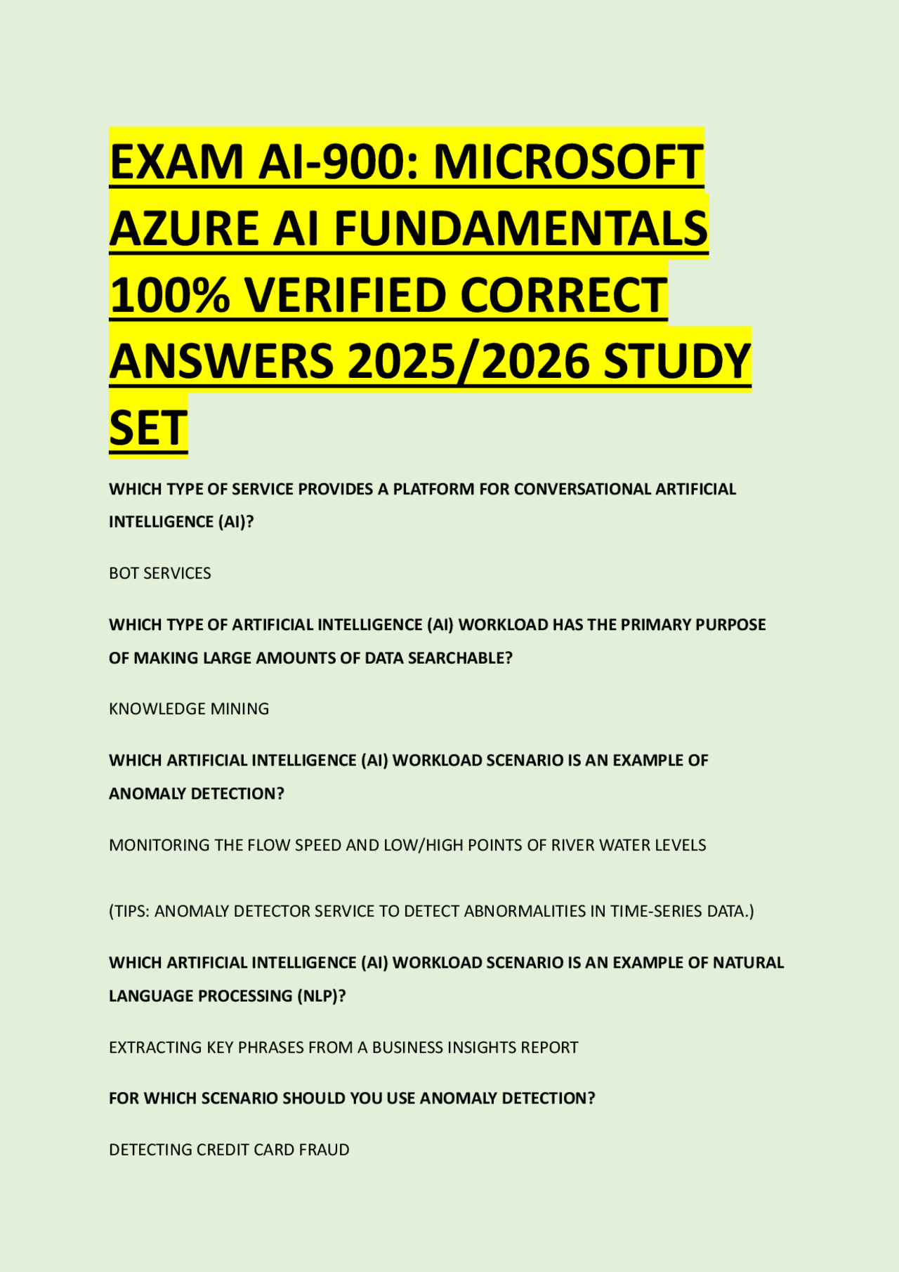 EXAM AI-900: MICROSOFT AZURE AI FUNDAMENTALS 100% VERIFIED CORRECT ...