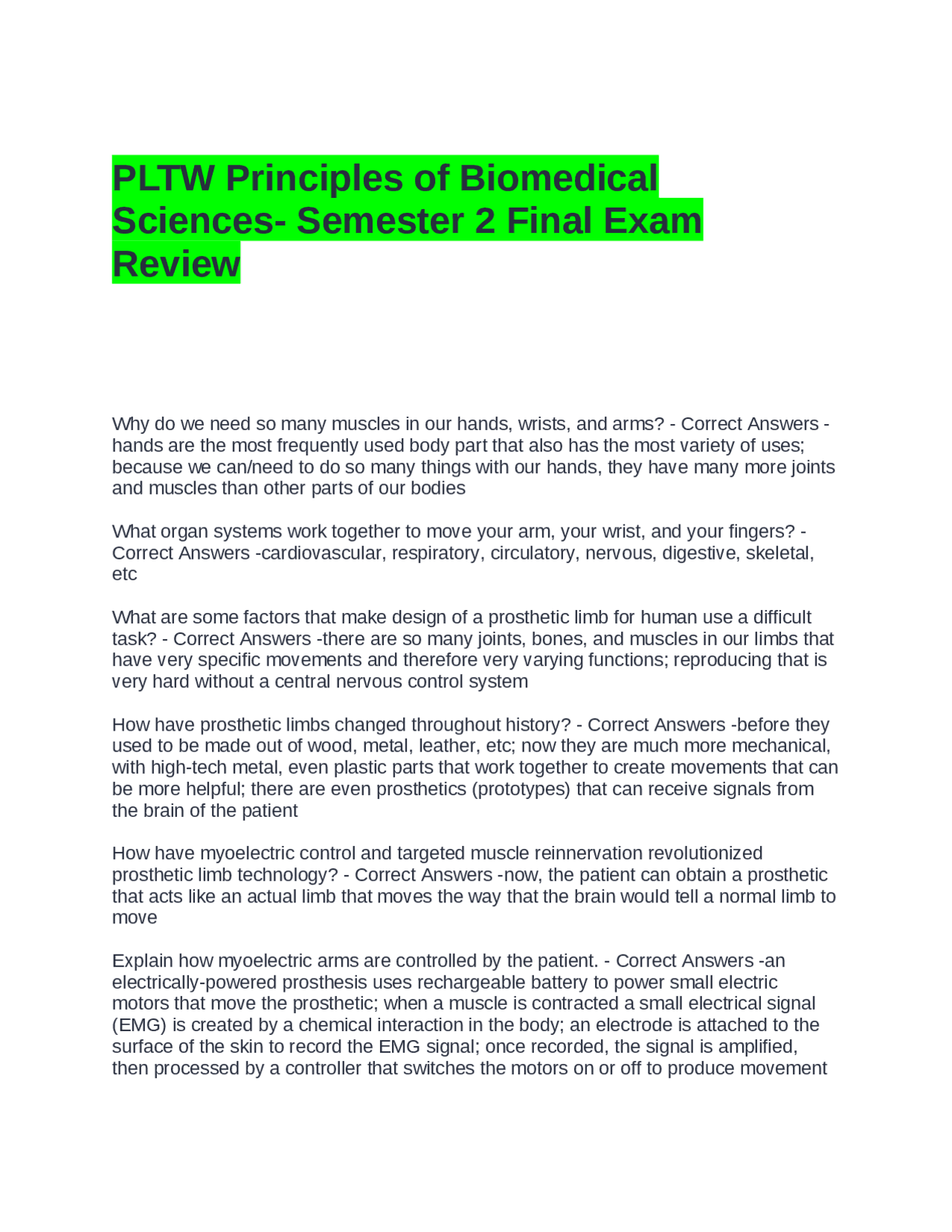 PLTW Principles of Biomedical Sciences- Semester 2 Final Exam Review ...