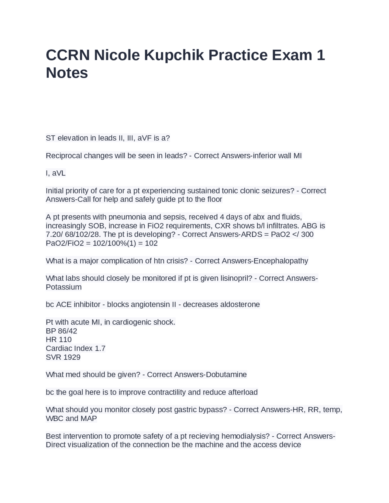 CCRN Practice Exam 1: Critical Care Nursing Questions and Answers ...