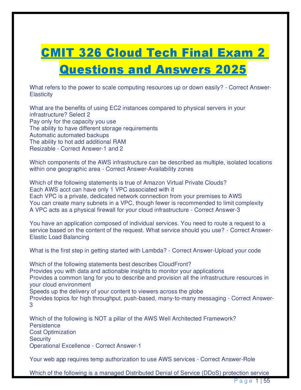 CMIT 326 Cloud Tech Final Exam 2 Questions and Answers 2025 | Exams ...