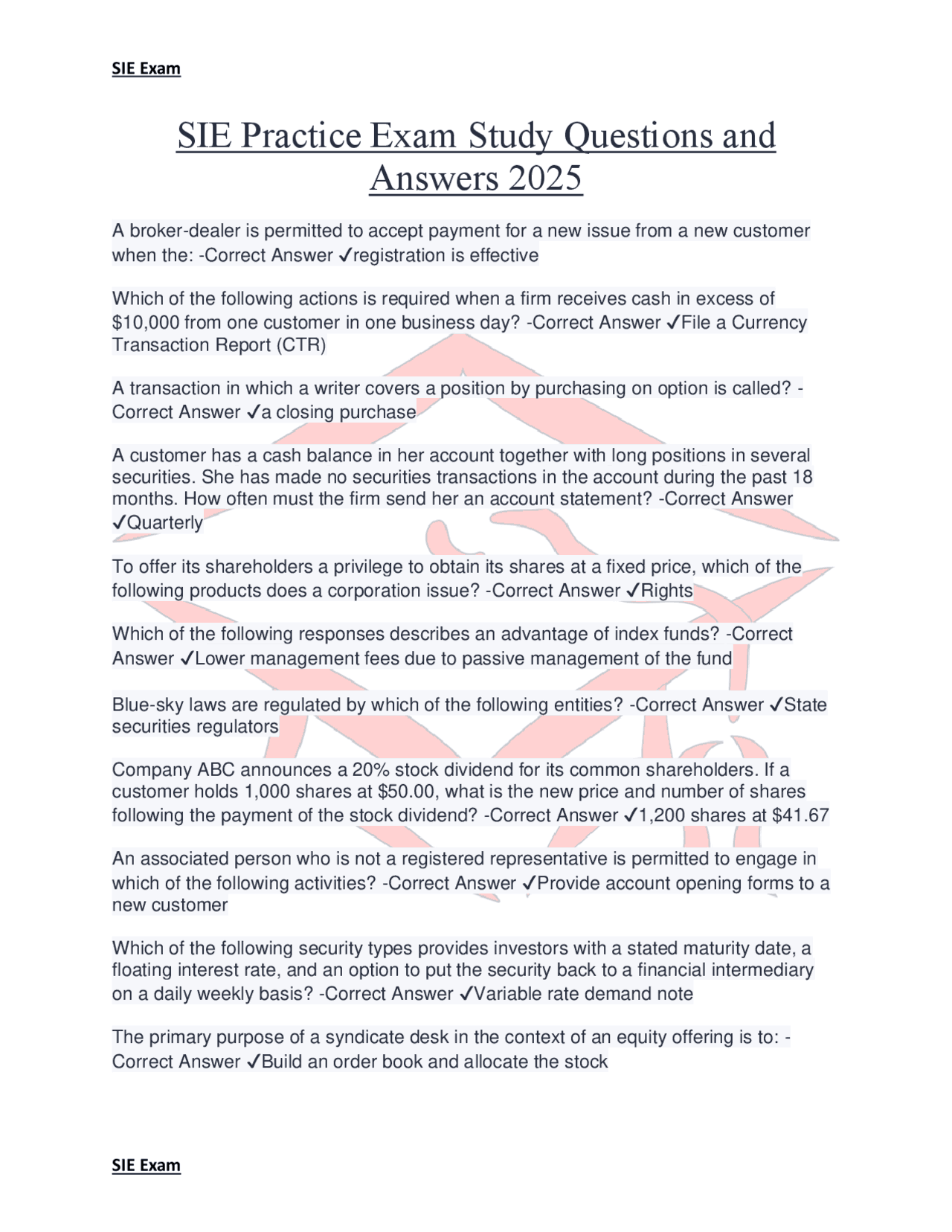 SIE Exam Practice Questions and Answers 2025 | Exams Business ...