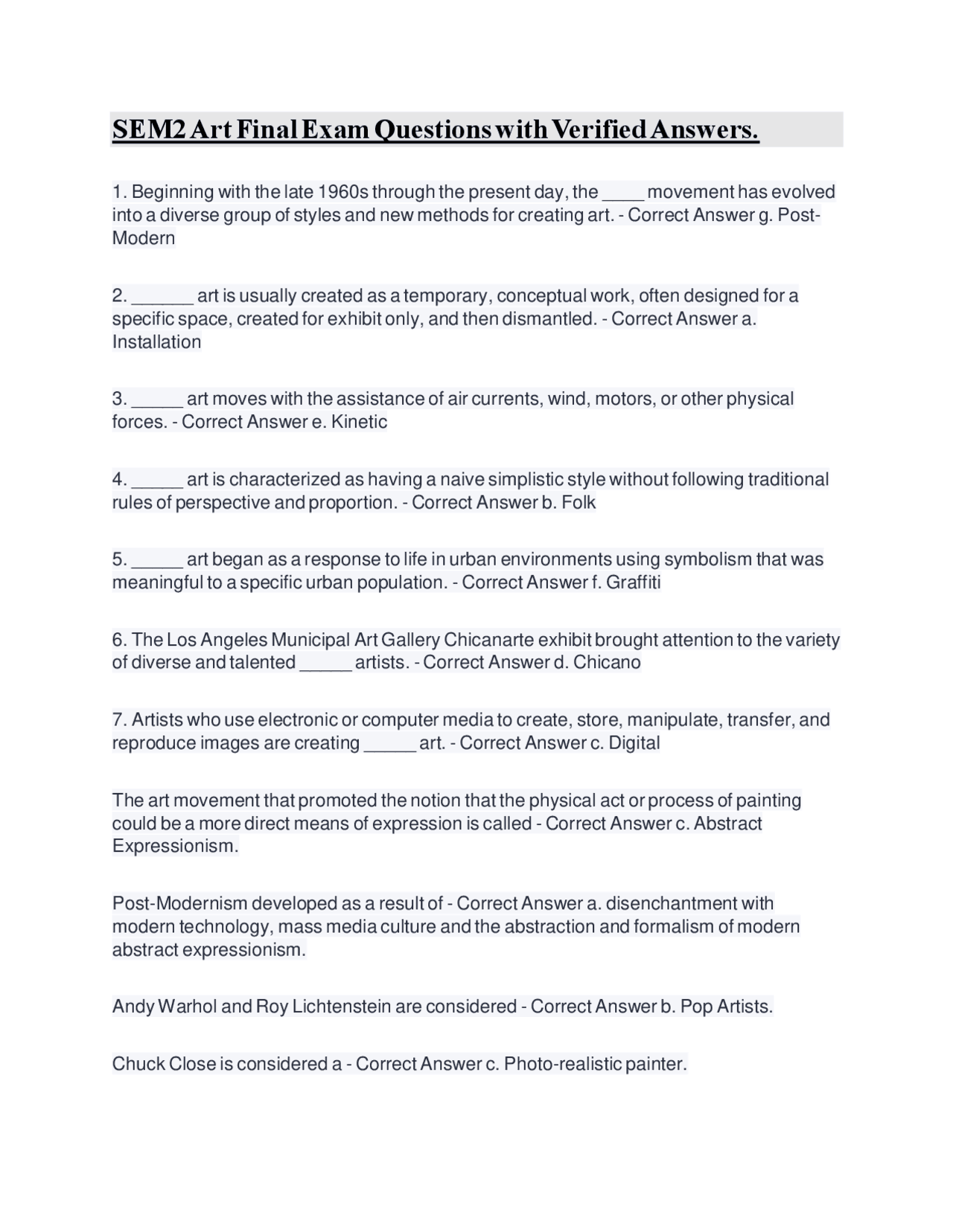 Art History Final Exam Questions and Answers | Exams Art | Docsity