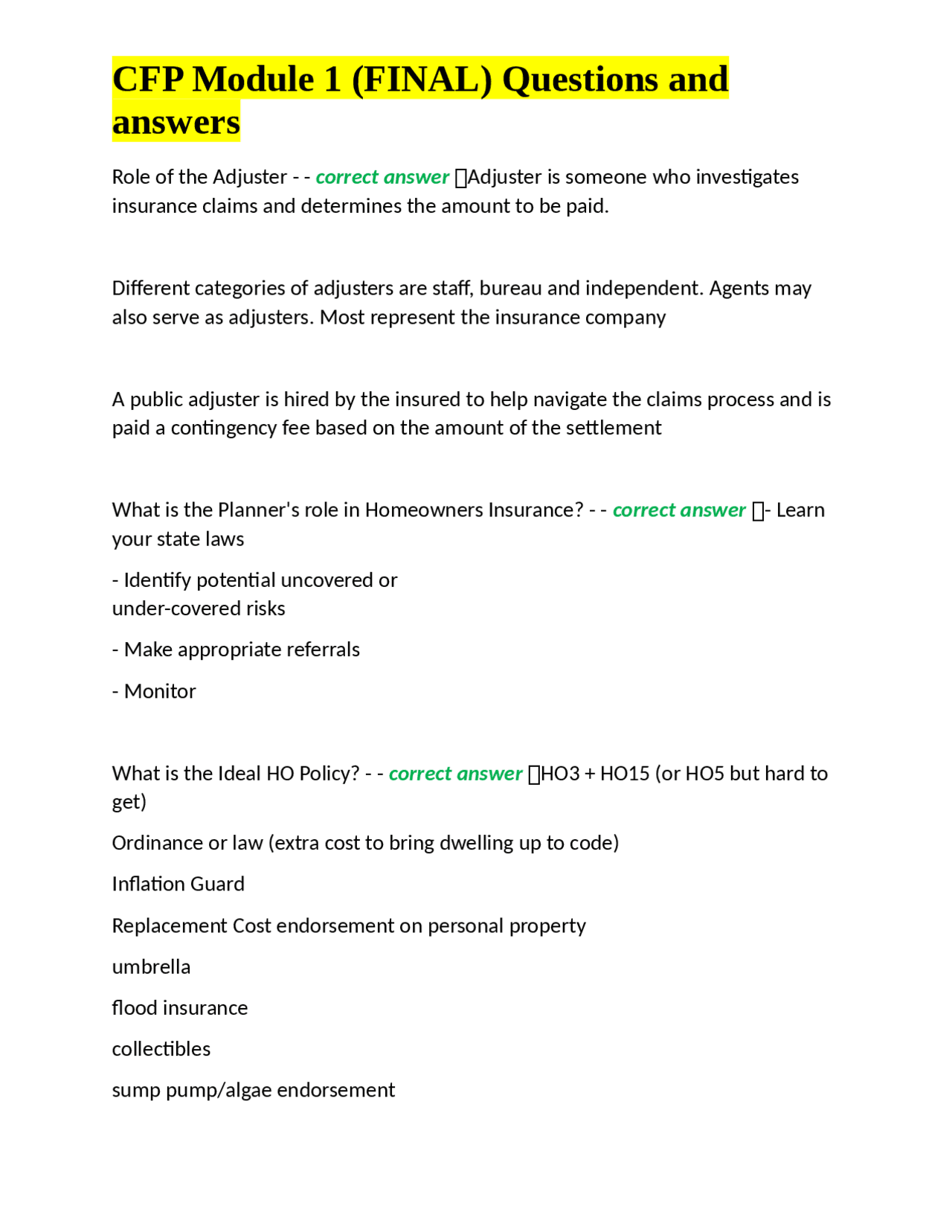 CFP Module 1 (FINAL) Questions and Answers: Insurance and Healthcare ...