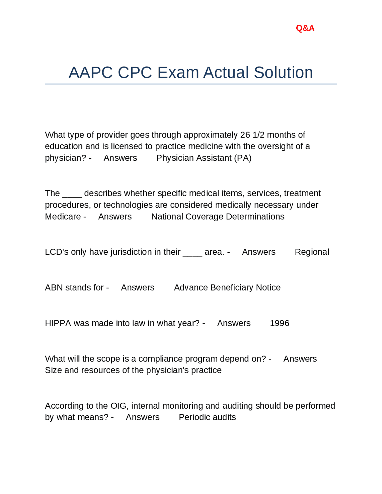 AAPC CPC Exam Actual Solution: Questions and Answers for Medical Coding ...