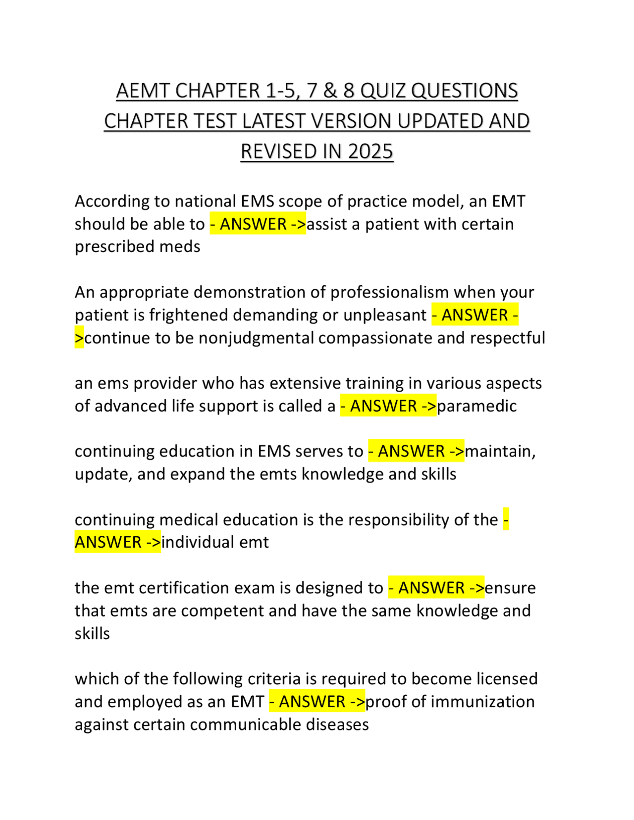 AEMT Chapter 1-5, 7 & 8 Quiz Questions: Comprehensive Review for EMT ...
