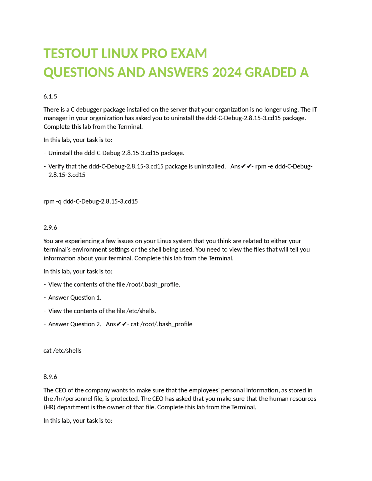 TESTOUT LINUX PRO EXAM QUESTIONS AND ANSWERS 2024 GRADED A | Exams ...
