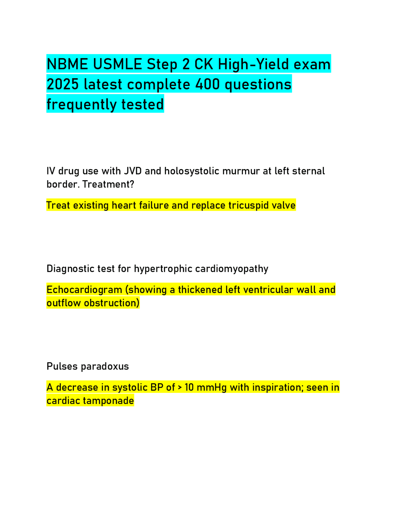 USMLE Step 2 CK High-Yield Exam Questions and Answers | Exams Nursing ...