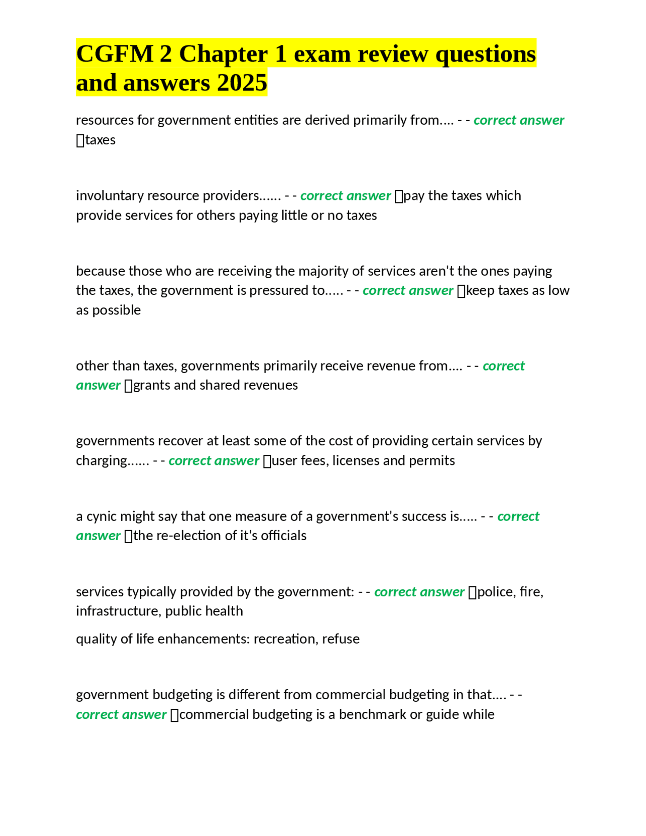 CGFM 2 Chapter 1 Exam Review: Comprehensive Guide to Government Finance ...